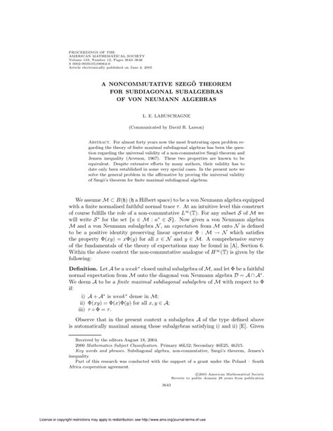 PDF A noncommutative Szegö theorem for subdiagonal subalgebras of Von Neumann algebras