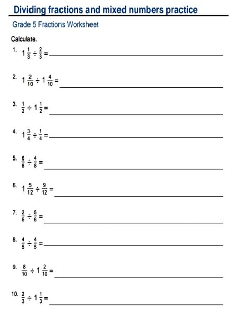 Class 5 Icse Maths Division Fraction Worksheet Pdf