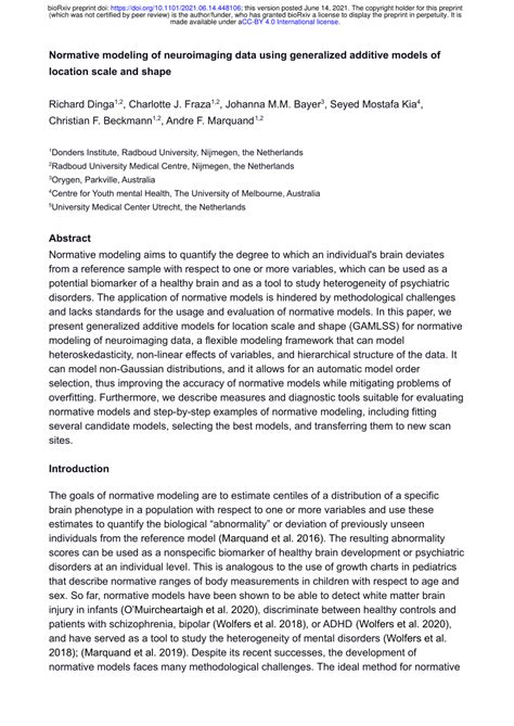Pdf Normative Modeling Of Neuroimaging Data Using Generalized