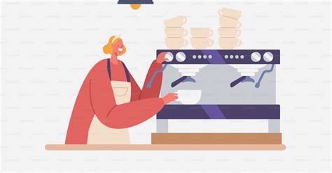 여자 바리스타가 커피를 끓인다 웨이트리스가 커피숍에서 뜨거운 음료를 컵에 붓고 있다 바텐더 작업 캐릭터 착용 앞치마 작업은 카페에서 신선한 향기로운 음료를 요리합니다