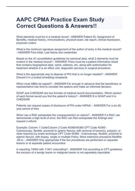 AAPC CPMA Practice Exam Study Correct Questions Answers AAPC CPMA Stuvia US