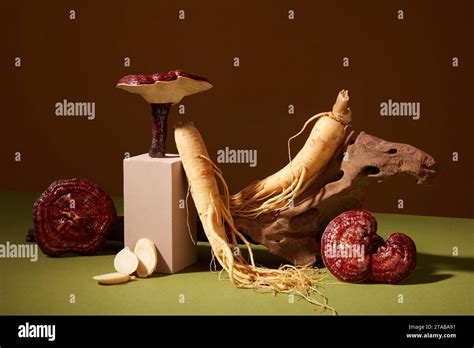 Minimal Art Background With Fresh Ginseng Roots And Ganoderma Mushrooms Decorated On Brown