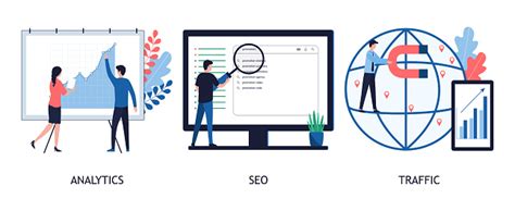 팀은 정보 자원 웹 사이트 소셜 미디어 페이지 비디오를 홍보하기 위해 노력하고 있습니다 분석 Seo 트래픽의 매력과 고객을 대상으로 흰색 배경에 플랫 벡터 그림입니다 검색에