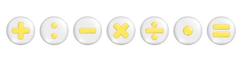 둥근 단추에 사실적인 노란색 3d 더하기 빼기 곱하기 나눗셈 및 등호 산술 3d 요소 교육 수학 아이콘 수학 기호 흰색 배경에