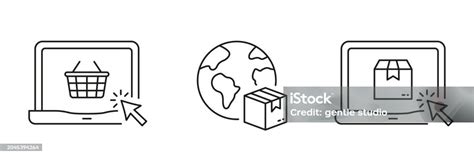 온라인 쇼핑 라인 아이콘 세트입니다 전자상거래 기호 컬렉션 인터넷 소매점 선형 픽토그램 글로벌 상업 상점 개요 표지판입니다 편집