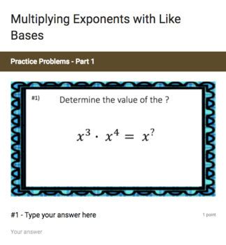 Multiplying Exponents With Like Bases Google Form Interactive Video Lesson