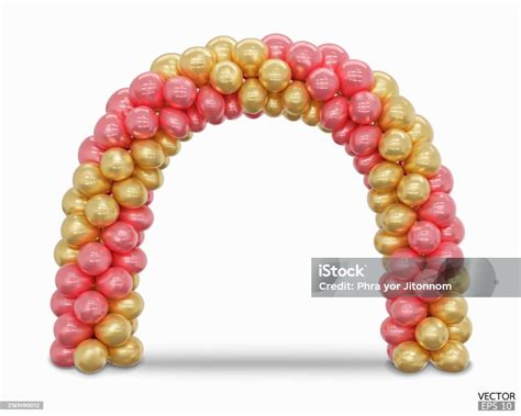 3d 렌더링 풍선 아치 입구 금색과 분홍색 복숭아 풍선은 호 문 또는 포털 모양의 풍선이 흰색 배경에 격리되어 있습니다 3d