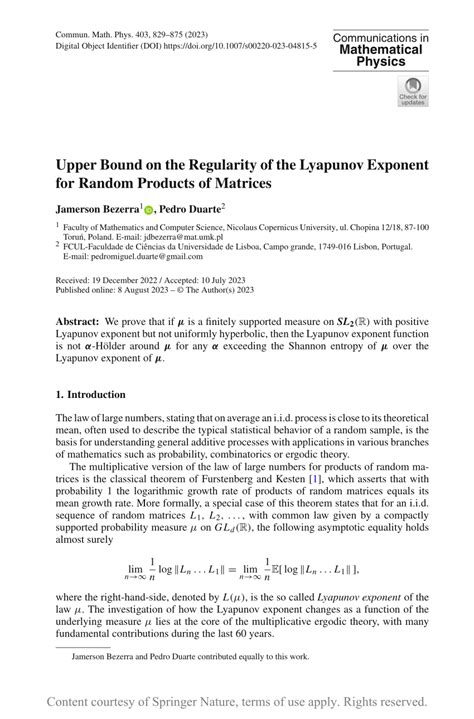 Pdf Upper Bound On The Regularity Of The Lyapunov Exponent For Random Products Of Matrices