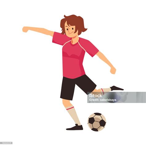 여자 축구 선수가 공을 걷어차 여자 축구 또는 축구 스포츠 만화 아바타 공을 걷어 차는 여성과 축구를 개념에 대한 스톡 벡터