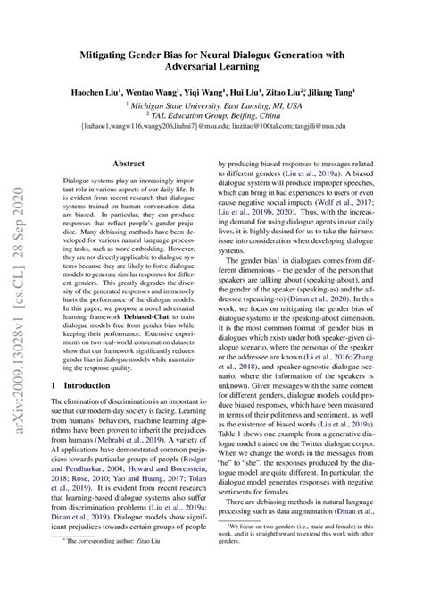 Mitigating Gender Bias For Neural Dialogue Generation With Adversarial Learning Deepai