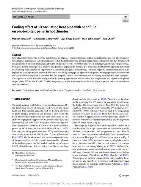 Cooling Effect Of 3d Oscillating Heat Pipe With Nanofluid On Photovoltaic Panel In Hot Climates