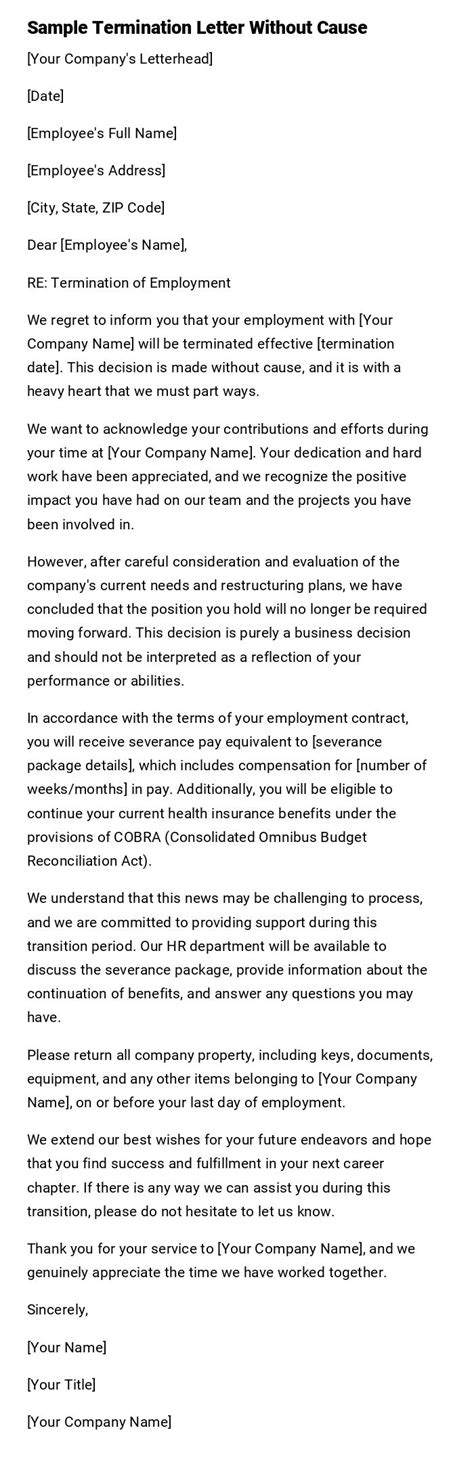 Sample Termination Letter Without Cause
