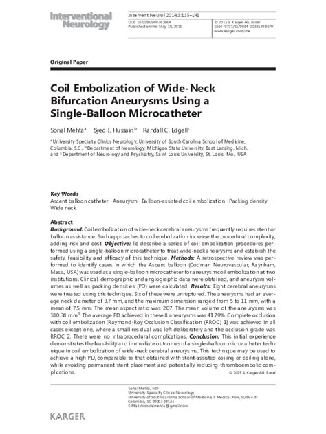 Pdf Coil Embolization Of Wide Neck Bifurcation Aneurysms Using A