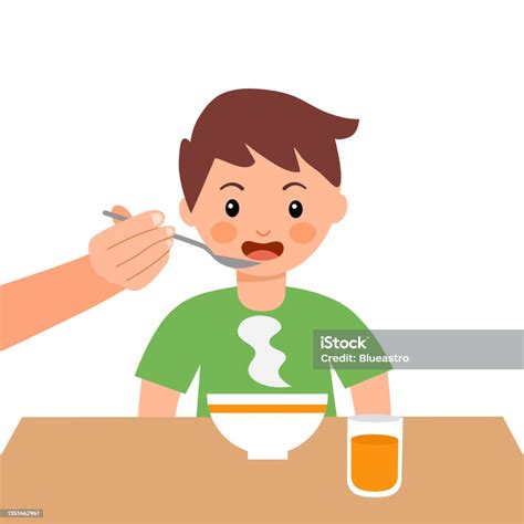 어머니는 흰색 배경에 평평한 디자인으로 아이 뜨거운 수프를 먹이 식사를 먹는 소년 아이 숟가락에 대한 스톡 벡터 아트 및 기타