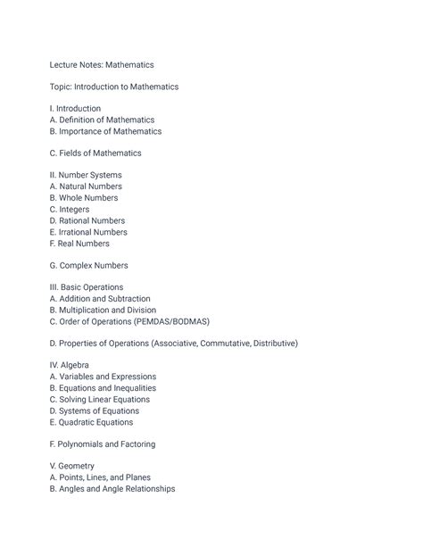 Lecture Notes Mathematics Lecture Notes Mathematics Topic Introduction To Mathematics I