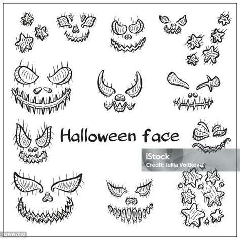 할로윈 무서운 호박 조각 얼굴 벡터 핸드는 흰색 배경에 그림을 그립니다 낙서 스타일 가공의 인물에 대한 스톡 벡터 아트 및 기타 이미지 가공의 인물 가을 개체 그룹