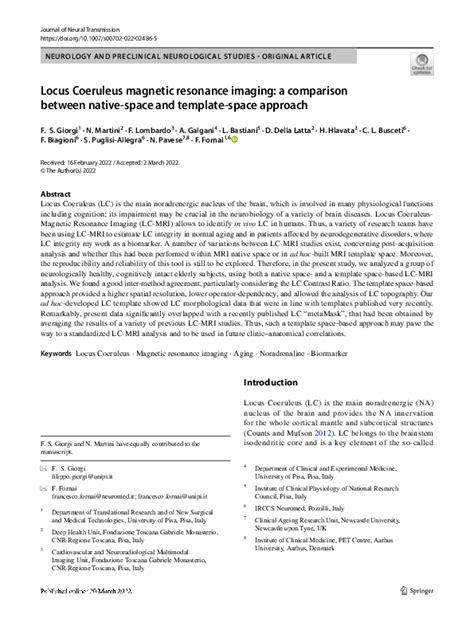 Pdf Locus Coeruleus Magnetic Resonance Imaging A Comparison Between Native Space And Template