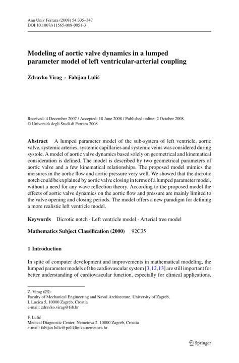 Pdf Modeling Of Aortic Valve Dynamics In A Lumped Parameter Model Of Left Ventricular Arterial