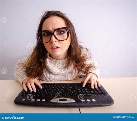 Funny Nerd Girl Working On Computer Stock Image Image Of Addict Girl