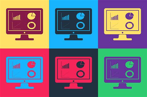 컬러 배경에 격리 된 그래프 차트 아이콘이있는 팝 아트 컴퓨터 모니터 텍스트 파일 아이콘을 보고합니다 회계 기호 감사 분석 계획