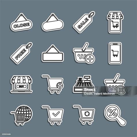 퍼센트로 라인 돋보기 설정 장바구니 제거 모바일 및 장바구니 가격표 판매 간판 걸기 무료 매달려 표지판 닫기 및 쇼핑 아이콘에