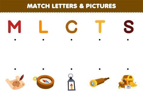 어린이를 위한 교육 게임은 귀여운 만화 보물 지도 나침반 랜턴 망원경 인쇄 가능한 해적 워크시트의 글자와 그림을 일치시킵니다 프리미엄 벡터