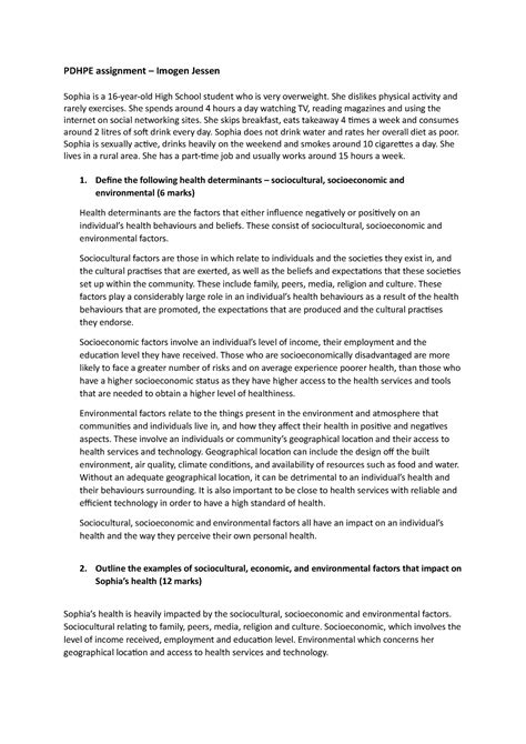 Pdhpe Assignment Term 1 PDHPE Assignment Imogen Jessen Sophia Is A 16 Year Old High Babe