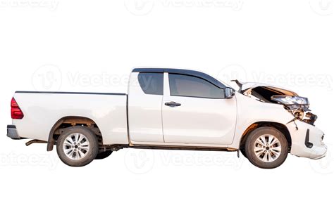 Car Crash Side View Of White Pickup Car Get Hard Damaged By Accident On The Road Damaged Cars