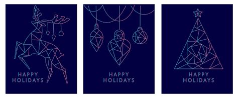 기하학적 모양과 간단한 아이콘해피 홀리데이 인사말 카드 플랫 디자인 템플릿 세트 즐거운 연말연시 되세요 문구에 대한 스톡 벡터