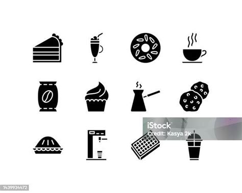 커피와 베이커리 라인 아이콘 세트입니다 뜨거운 칵테일과 커피 컵 케이크 케이크 도넛 쿠키와 같은 아이콘이 포함되어 있습니다 상점
