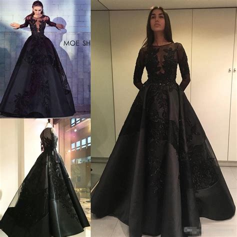 Zuhair Murad 2017 Long Sleeve Black Prom Dresses Lace Applique Beads