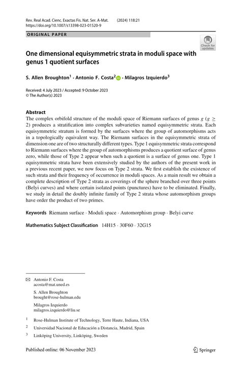 Pdf One Dimensional Equisymmetric Strata In Moduli Space With Genus 1 Quotient Surfaces