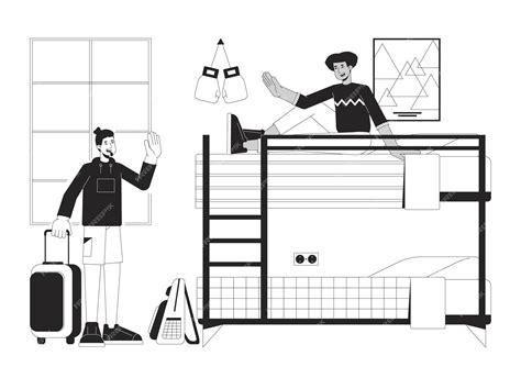 기숙사 Bw 벡터 자리 그림으로 이동 대학 룸메이트 신입생 웹 Ui 디자인을 위한 2d 만화 플랫 라인 단색 문자 대학 편집