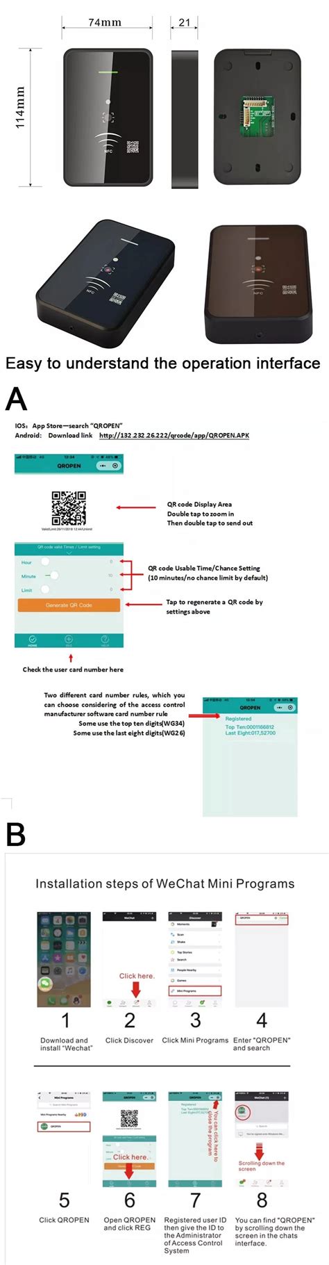 智能锁 Wiegand 26 34 NFC 卡 QR 码近距离 RFID 卡读卡器带 TTL 和 RS485 接口访问控制 Secukey