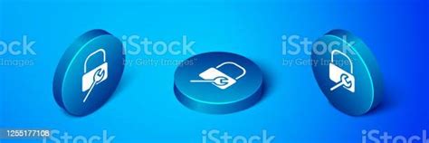 파란색 배경에 격리된 등색 잠금 복구 아이콘입니다 자물쇠 기호 보안 안전 보호 개인 정보 보호 개념 파란색 원 버튼입니다 벡터 일러스트레이션 3차원 형태에 대한 스톡 벡터