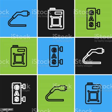 라인 전기 케이블 플러그 충전 가스 충전소 및 모터 오일 아이콘용 캐니스터를 설정합니다 벡터 0명에 대한 스톡 벡터 아트 및
