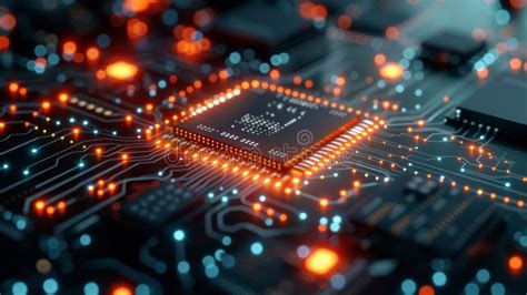 Close Up View Of A Microprocessor On A Circuit Board With Glowing Connections At Night Stock