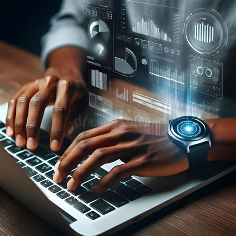 Close Up Of Hands Typing On A Keyboard With Futuristic Holographic Data