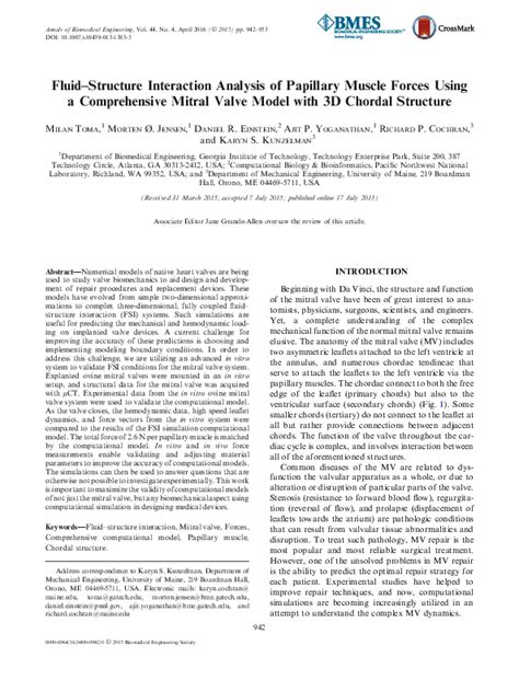 Pdf Fluid Structure Interaction Analysis Of Papillary Muscle Forces Using A Comprehensive