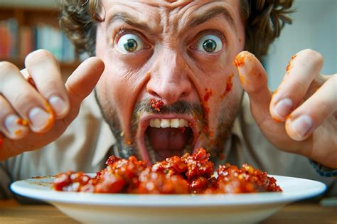 Premium Photo Excited Man With Wild Expression Eating Spicy Food