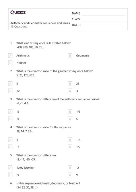 50 Sequences And Series Worksheets For 10th Year On Quizizz Free