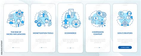 Creator Economy Trends Blue Onboarding Mobile App Screen Walkthrough 5 Steps Editable Graphic