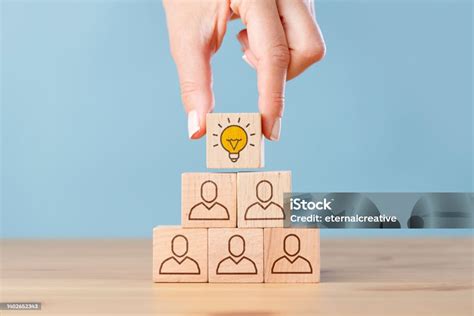 여자 손은 머리 인간 기호와 전구 아이콘이있는 나무 큐브 블록을 골랐습니다 창의적인 아이디어와 혁신 개념에 대한 스톡 사진 및 기타 이미지 Istock