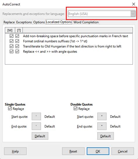 autocorrect for specific language only english ask libreoffice