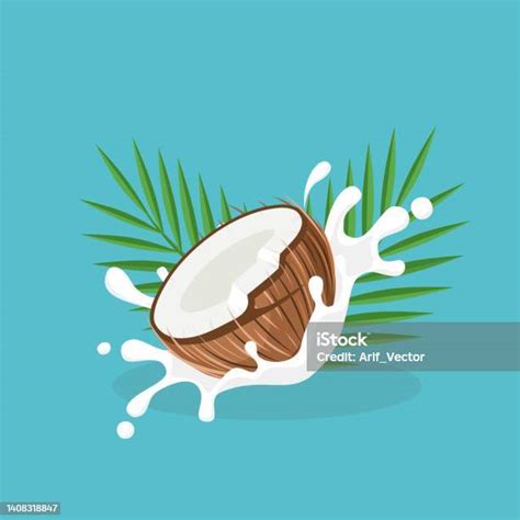 벡터 일러스트 레이 션 코코넛과 우유 스플래쉬가있는 잎 포장 라벨 판촉 포스터 또는 세계 코코넛 데이 배너로 완벽합니다 0명에 대한 스톡 벡터 아트 및 기타 이미지 Istock