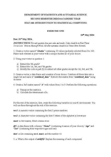 stat 240 introduction to statistical computing exercise one