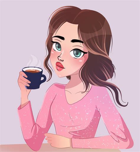 Иллюстрация Девушка пьёт кофе в стиле концептуальный