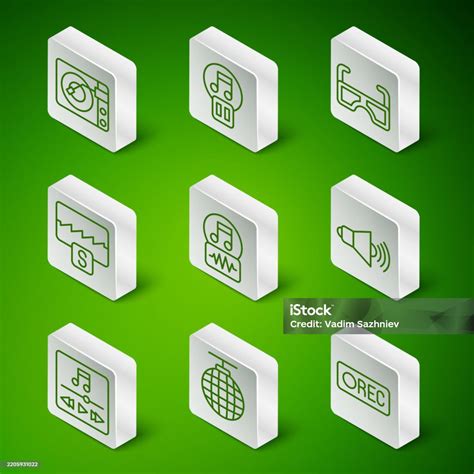 라인 설정 녹음 버튼 디스코 볼 비닐 디스크가 있는 비닐 플레이어 음표 톤 웨이브 이퀄라이저 일시 중지 및 스피커 볼륨 아이콘 벡터 3차원 형태에 대한 스톡 벡터 아트 및