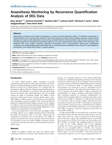 Pdf Anaesthesia Monitoring By Recurrence Quantification Analysis Of Eeg Data