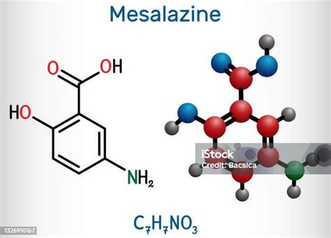 메살라진 메살라민 5아미노살리실산 분자 그것은 비 스테로이드 항 염증 약물 궤 양성 대장 염의 치료에 사용 크 론 병 구조